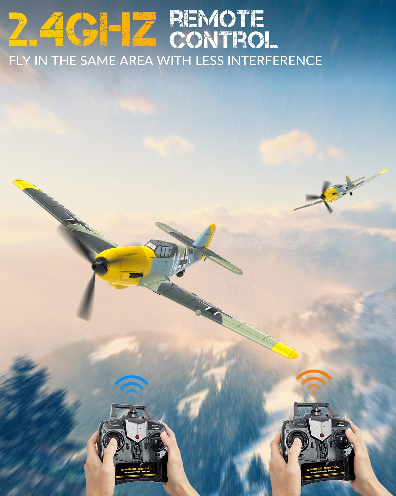 VOLANTEXRC RC Plane, 4 Channel Remote Control Airplane BF109 Fighter RTF with Aileron, Gyro, Aerobatics & 3 Modes Easy to Fly, Hobby Radio Controlled Aircraft for Beginners, Kids & Adults (Yellow)