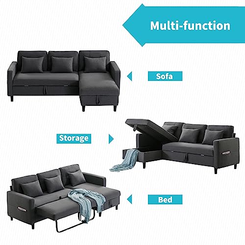 CECER Convertible Sofa Bed with Storage Chaise, L-Shaped Modern Couch with Side Pockets, Upholstered Linen Sectionals with Sleeper for Living Room/Home Office/Easy Assembly - Gray