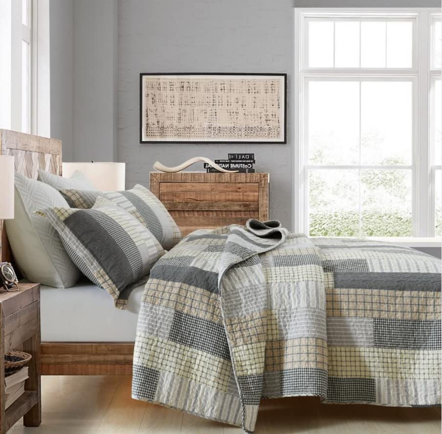 Cinefoso Queen Size Quilt, Patchwork Plaid Quilt Set Queen Size 100% Cotton Farmhouse Plaid Bedspread Lightweight & Reversible Quilt Bedding Set All-Season 3-Pieces