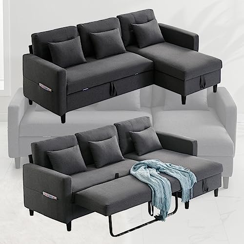 CECER Convertible Sofa Bed with Storage Chaise, L-Shaped Modern Couch with Side Pockets, Upholstered Linen Sectionals with Sleeper for Living Room/Home Office/Easy Assembly - Gray