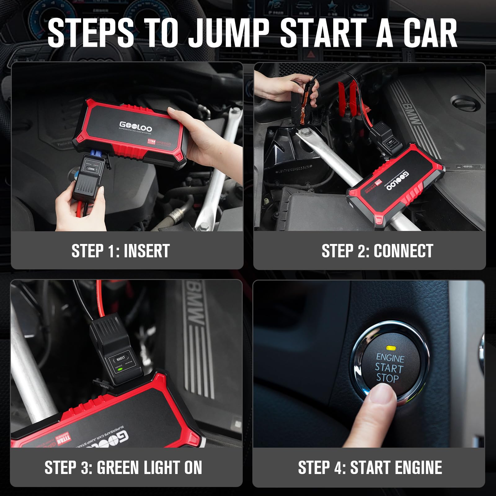 GOOLOO New GP2000 Jump Starter, 12V 2000A Car Jumper Starter(Up to 8.0L Gas, 6.0L Diesel Engines), SuperSafe Portable Battery Charger, Auto Lithium Box Booster Pack with USB Quick Charge, red
