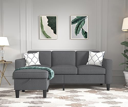 Sectional Sofa Couch Convertible L-Shaped Couches with Storage Ottoman Dark Grey 3 Seater Modern Linen Fabric Futon Sleeper Furniture Set for Living Room Apartment Loft Small Spaces