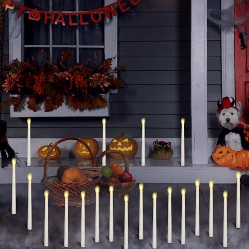 Liliful 24 Pcs Halloween Hanging Floating Candles Flameless LED Taper Candles Magic Hanging Flameless Candles Battery Operated Warm Light for Halloween Party Decor(White, 11.8inch)