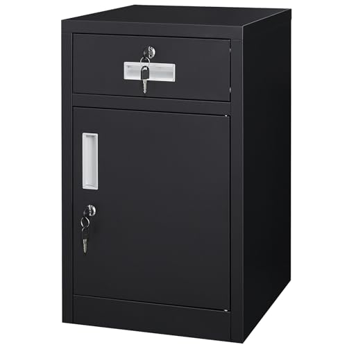 File Cabinet With Lock, Under Desk Locking Bookcase, Metal Filing for Home Office, Printer Stand (Black)