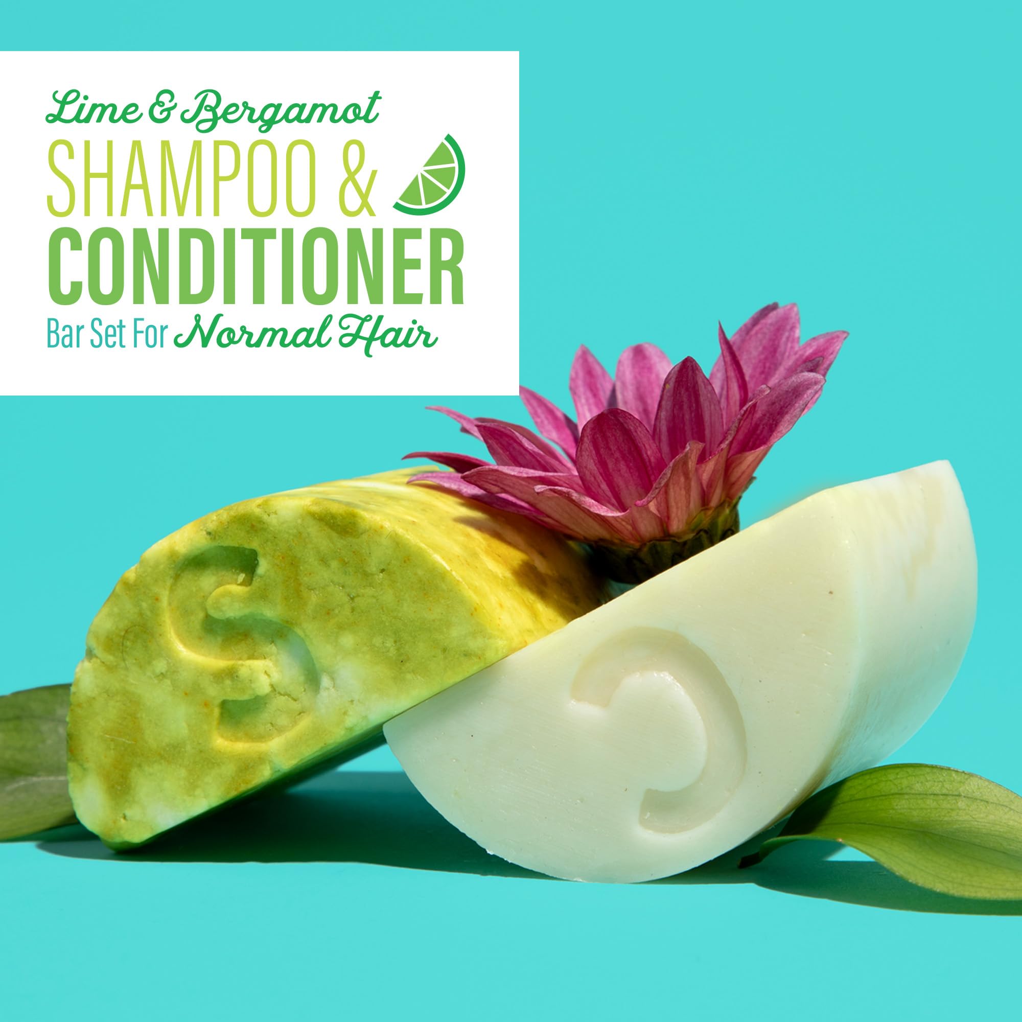 All Natural Solid Shampoo and Conditioner Bar Set - Lime & Bergamot Shampoo Bar and Conditioner Bar made with Gentle Coconut Surfactants, Argan Oil, Babassu Oil, Vegan Silk, Vitamin B5, Oat Proteins for Hair Health and Volume