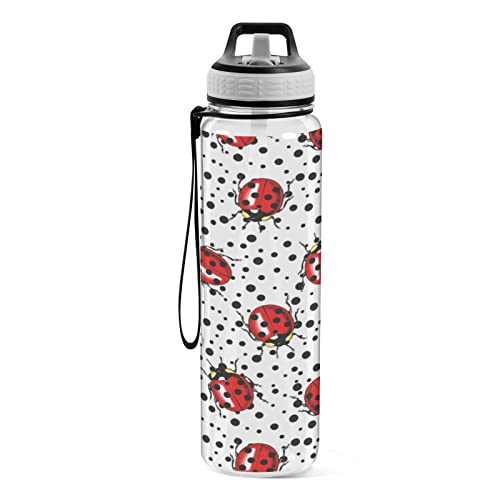 Wusikd Red Ladybugs Water Bottle Tritan BPA-Free Drink and Straw Leakproof Motivational Black Dot White Drinking Water Bottles with Carrying Strap for Office, Gym, Outdoor Sports