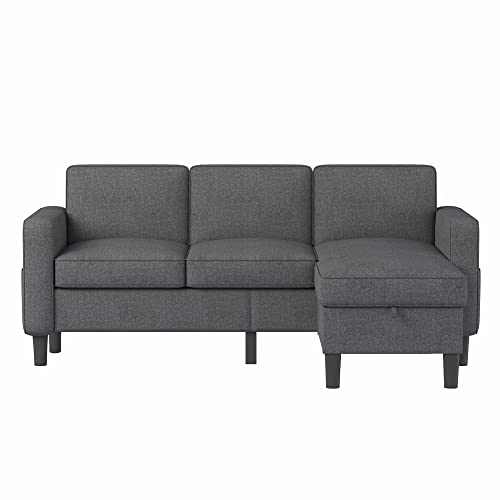 Sectional Sofa Couch Convertible L-Shaped Couches with Storage Ottoman Dark Grey 3 Seater Modern Linen Fabric Futon Sleeper Furniture Set for Living Room Apartment Loft Small Spaces