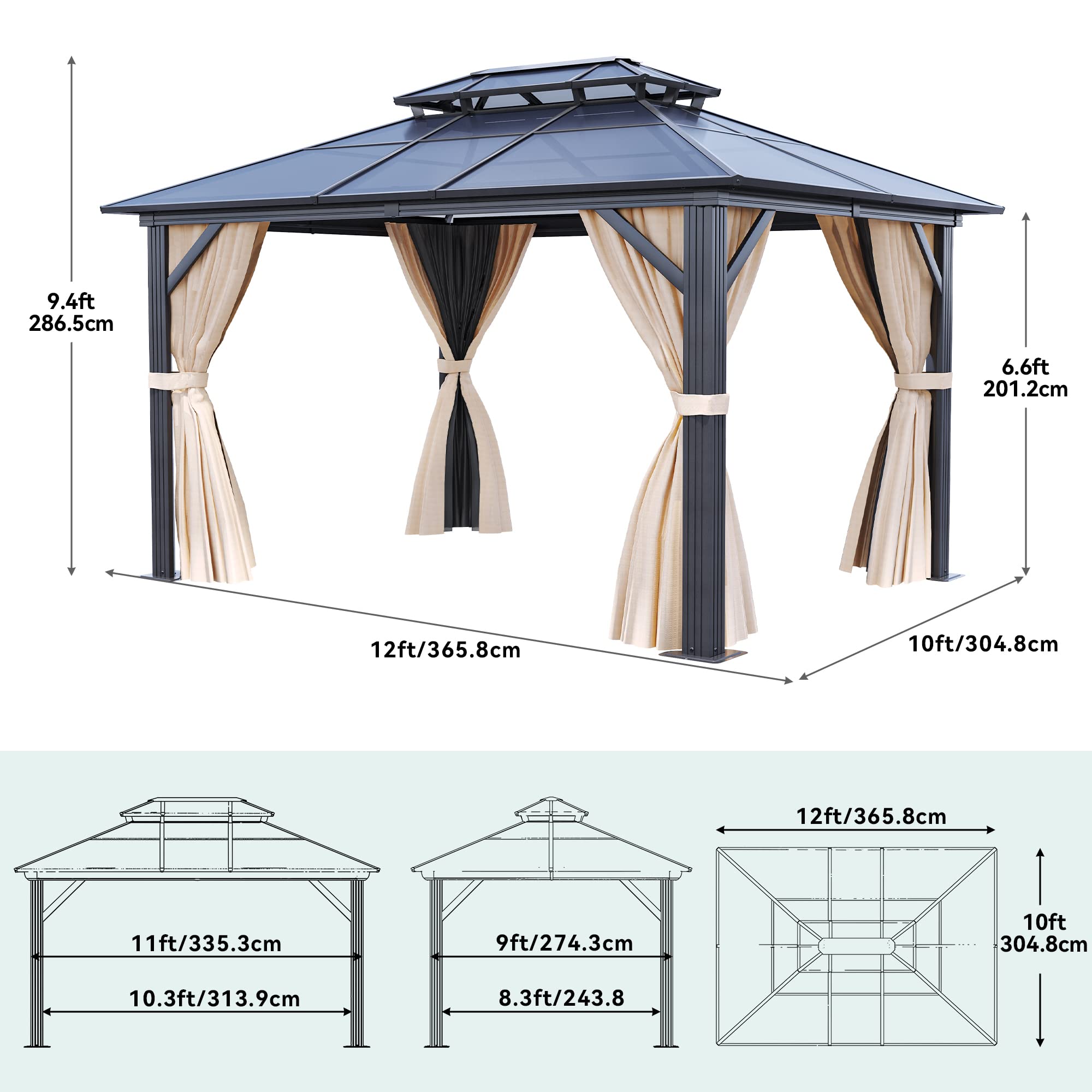 DWVO 10x12ft Hardtop Gazebo Double Roof Polycarbonate Canopy Outdoor with Netting and Shaded Curtains, Aluminum Frame Garden Tent for Patio, Backyard, Deck and Lawns
