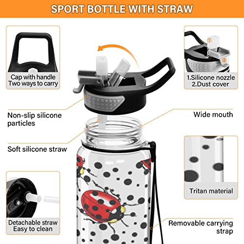 Wusikd Red Ladybugs Water Bottle Tritan BPA-Free Drink and Straw Leakproof Motivational Black Dot White Drinking Water Bottles with Carrying Strap for Office, Gym, Outdoor Sports
