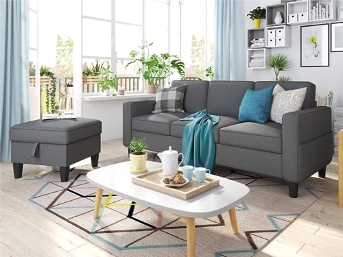 Sectional Sofa Couch Convertible L-Shaped Couches with Storage Ottoman Dark Grey 3 Seater Modern Linen Fabric Futon Sleeper Furniture Set for Living Room Apartment Loft Small Spaces