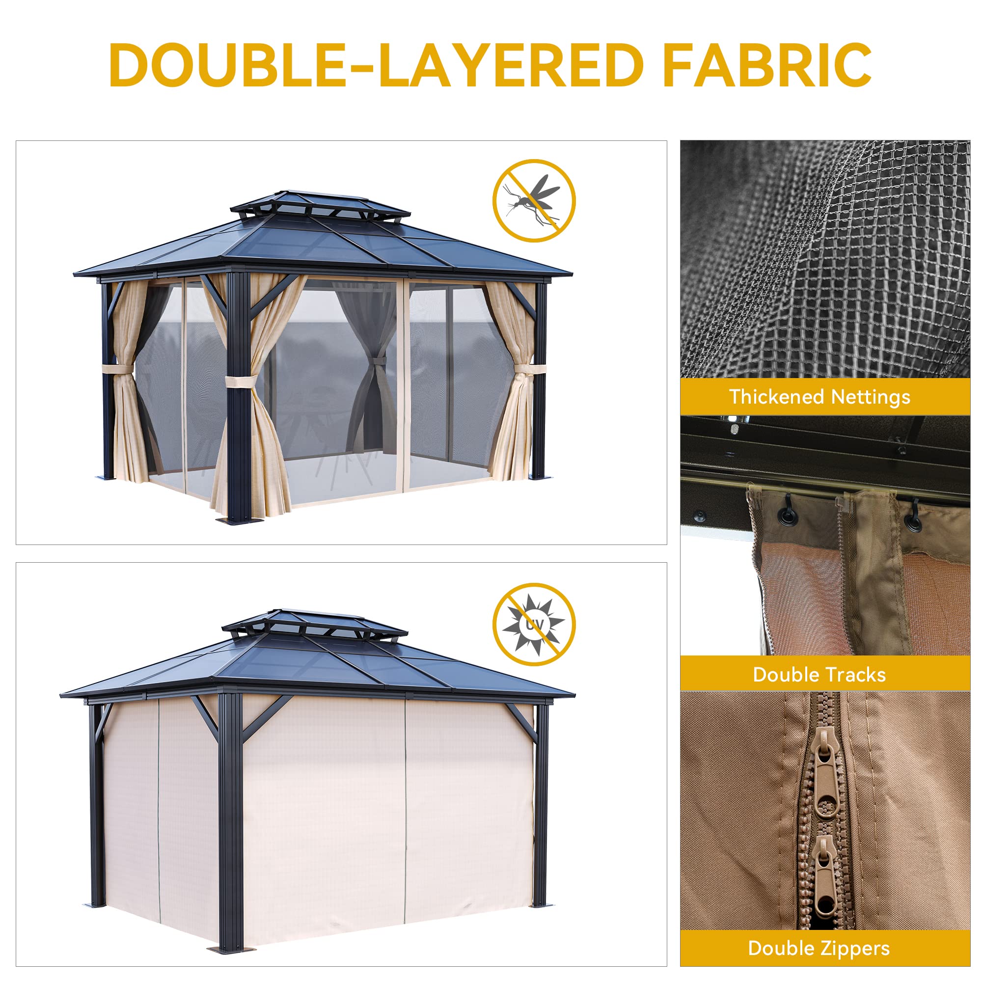 DWVO 10x12ft Hardtop Gazebo Double Roof Polycarbonate Canopy Outdoor with Netting and Shaded Curtains, Aluminum Frame Garden Tent for Patio, Backyard, Deck and Lawns