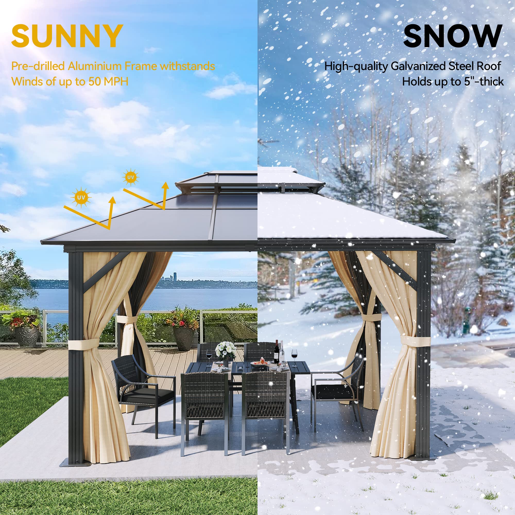 DWVO 10x12ft Hardtop Gazebo Double Roof Polycarbonate Canopy Outdoor with Netting and Shaded Curtains, Aluminum Frame Garden Tent for Patio, Backyard, Deck and Lawns