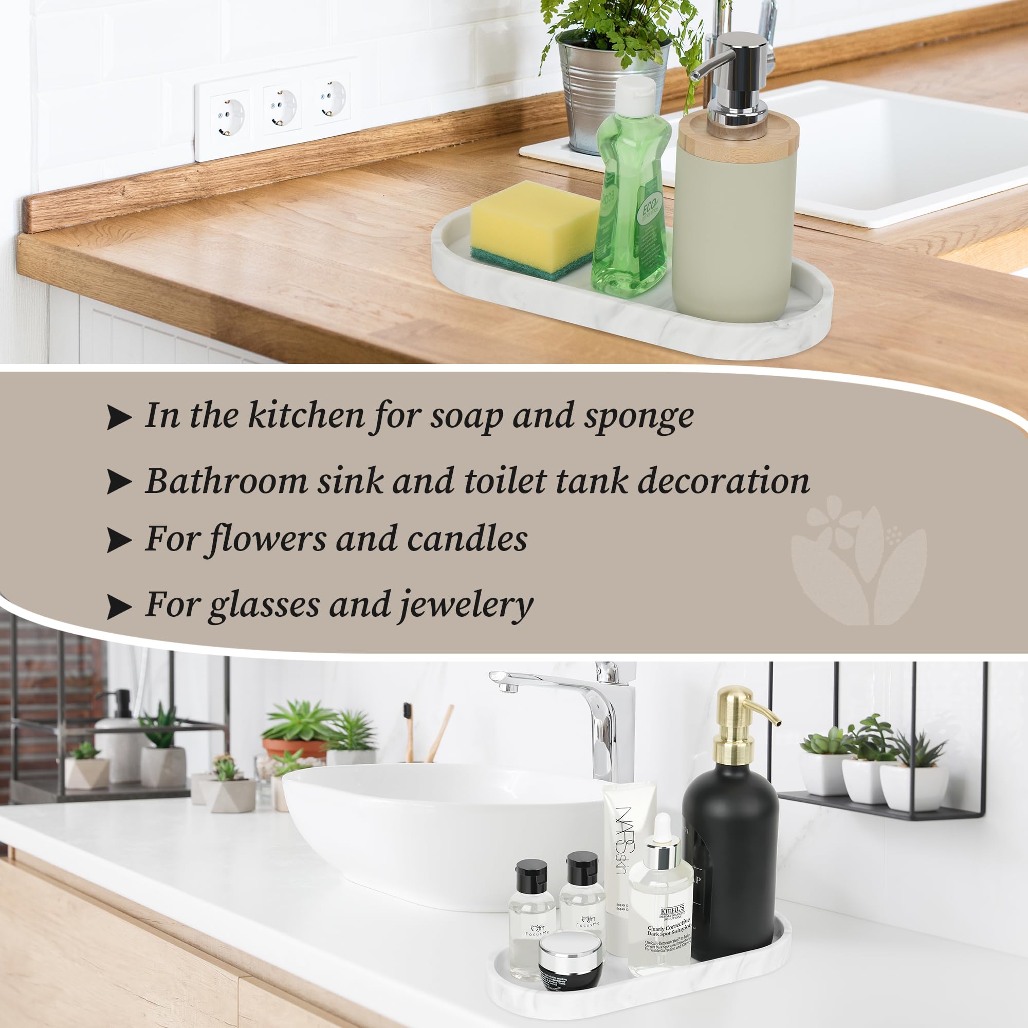 Akinko. Oval Silicone 9.8'' Bathroom Vanity Tray - Kitchen Sink Countertop Organizer - Soap and Candle Tray Decorative Organization - Toilet Tank Tray - Glasses Key and Rings Decorative Tray