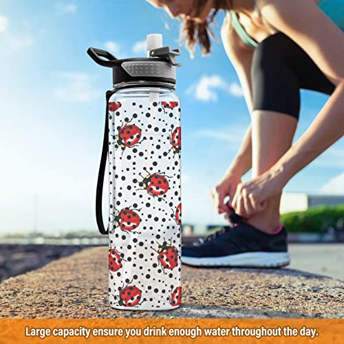 Wusikd Red Ladybugs Water Bottle Tritan BPA-Free Drink and Straw Leakproof Motivational Black Dot White Drinking Water Bottles with Carrying Strap for Office, Gym, Outdoor Sports