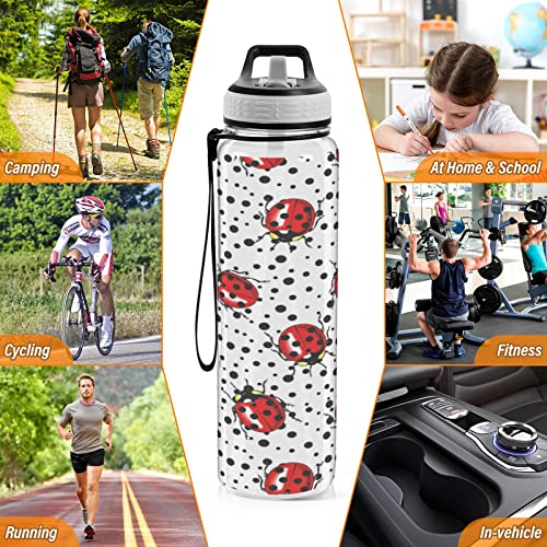 Wusikd Red Ladybugs Water Bottle Tritan BPA-Free Drink and Straw Leakproof Motivational Black Dot White Drinking Water Bottles with Carrying Strap for Office, Gym, Outdoor Sports