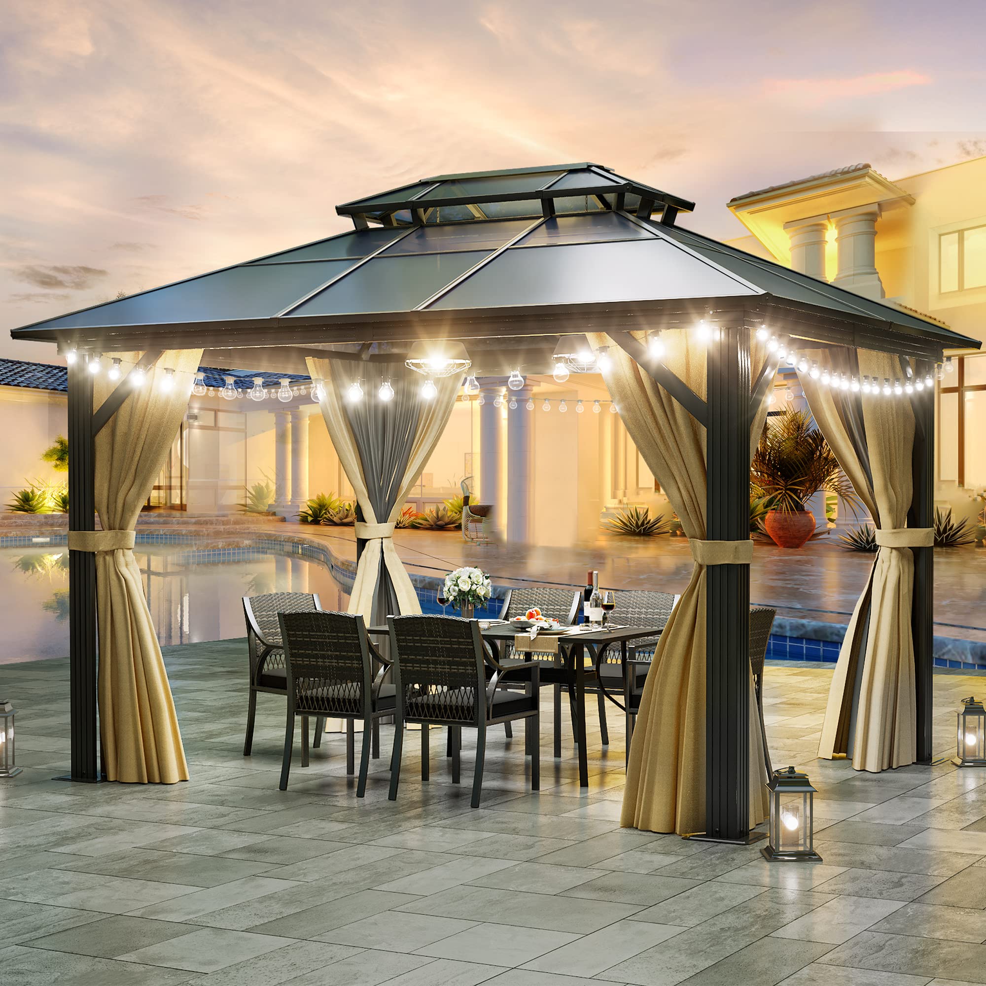 DWVO 10x12ft Hardtop Gazebo Double Roof Polycarbonate Canopy Outdoor with Netting and Shaded Curtains, Aluminum Frame Garden Tent for Patio, Backyard, Deck and Lawns