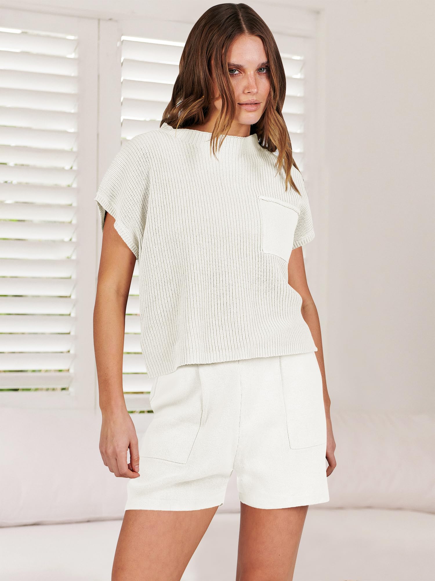 ANRABESS Women's Two Piece Summer Outfits Knit Sweater Short Sets Pullover Tops & Shorts Lounge Matching Clothes Set White X-Large