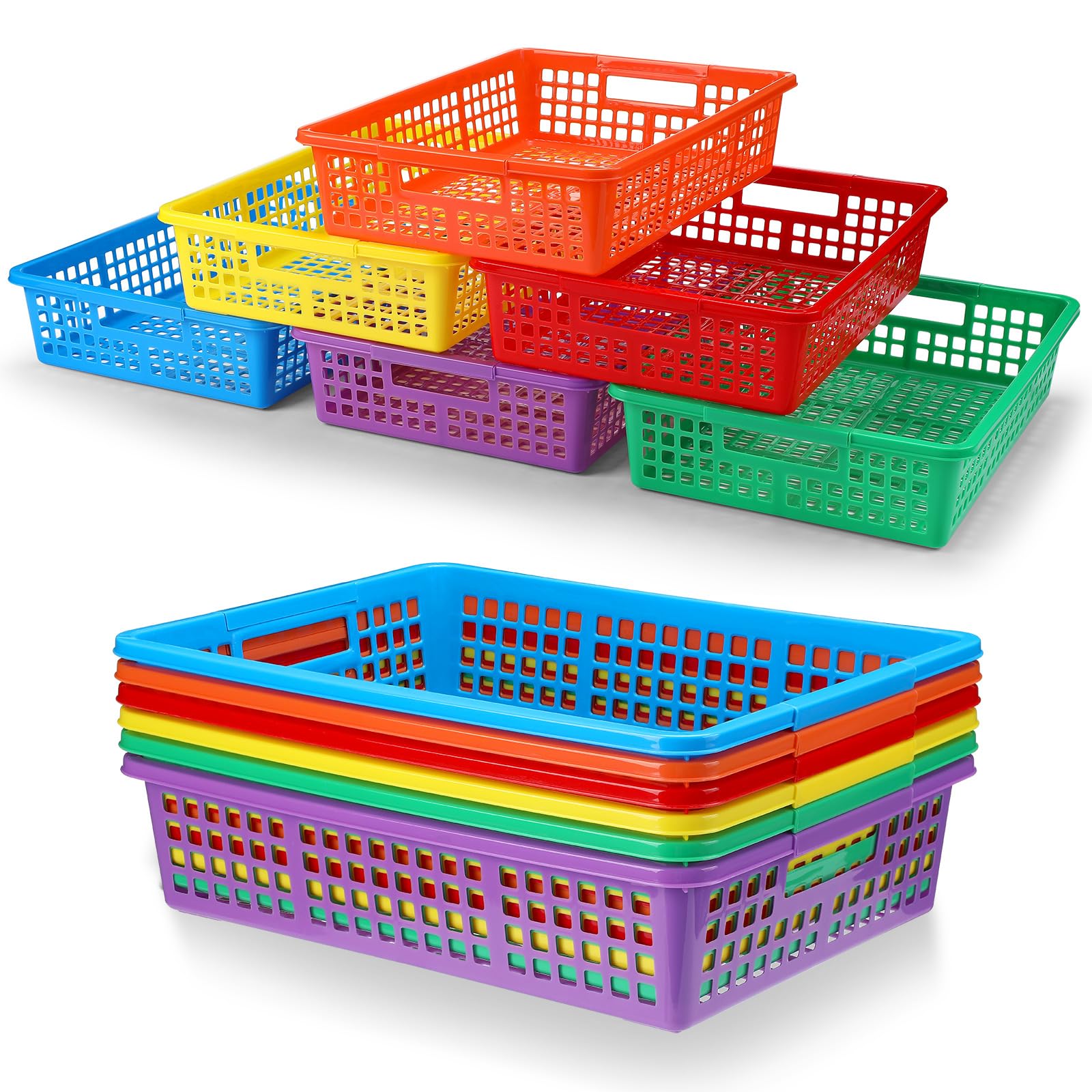 Ripeng 24 Pcs Bulk Plastic Baskets Classroom Storage Baskets with Handles Colorful Neon Storage Bins Teacher Stackable Desktop Organizer Tray for Classroom Kids Room Home Drawer, 13.6" x 10" x 3"