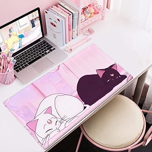 Desk Pad Pink Anime White Cat Black Cat Gaming Mouse Pad Large, Desk Office Decor Exclusive Beautiful Girls Mouse Pad for Women Desktop with Stitched Edges Non-Slip Rubber Computer Mat 31.5x15.7 in