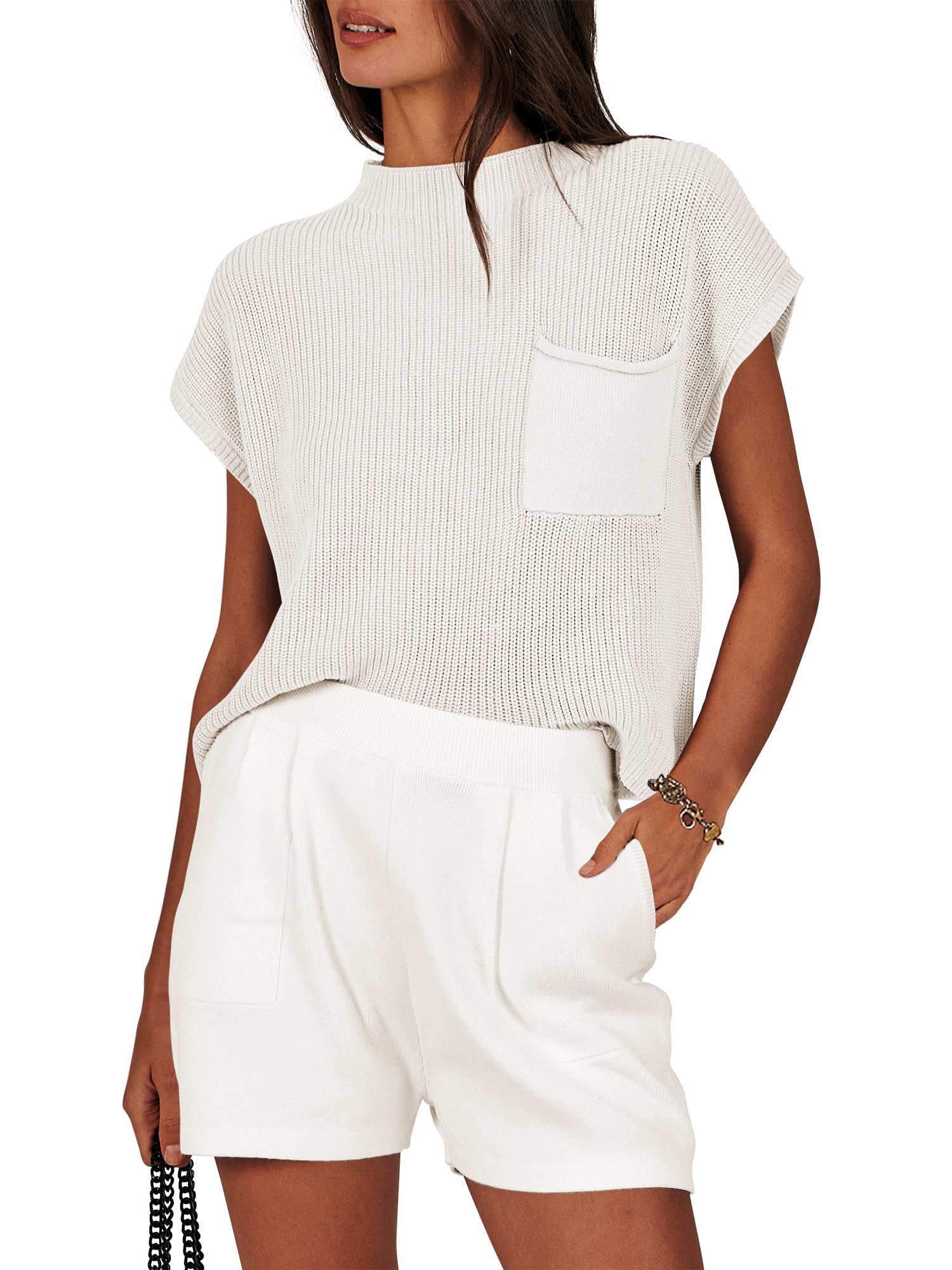 ANRABESS Women's Two Piece Summer Outfits Knit Sweater Short Sets Pullover Tops & Shorts Lounge Matching Clothes Set White X-Large