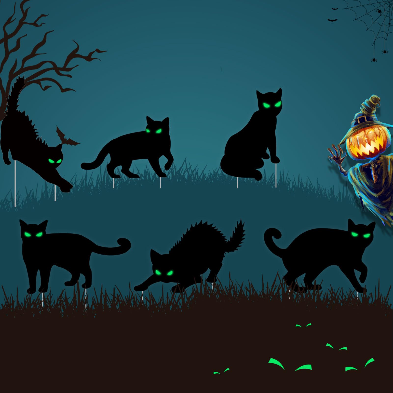 6 Pack Halloween Black Cat Yard Sign for Outdoor Decorations with Stakes Glow in the Dark Eyes, Waterproof Cat Silhouette Lawn Decorations for Garden Yard Patio Halloween Decor