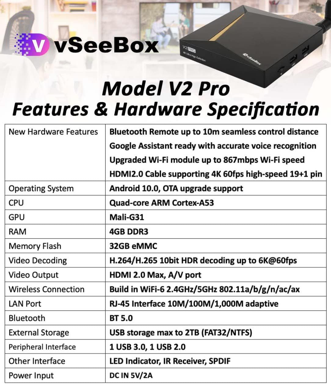 2024 vSeeBox V2 Pro, Fastest Android TV Box with Voice Remote Control, and HDMI Cable (4GB RAM+ 32 GB ROM)