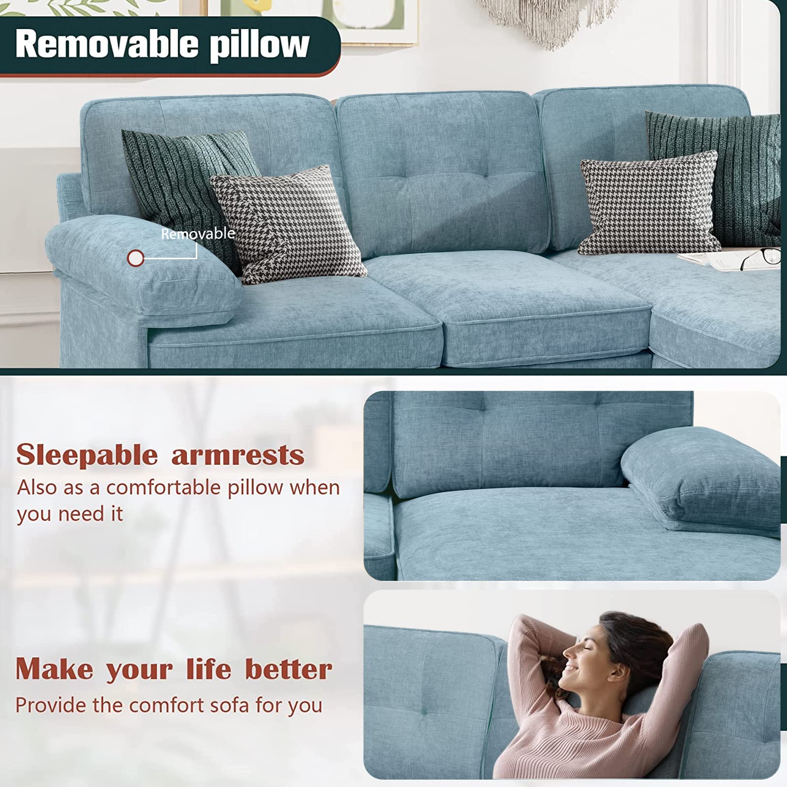 LEISLAND 79" Modern Sectional Sofa Couch for Living Room, Small Couches for Small Spaces, Chenille L Shaped Sofas with Solid Wood Frame, Detachable Cover, Attached Armrest(Light Blue)