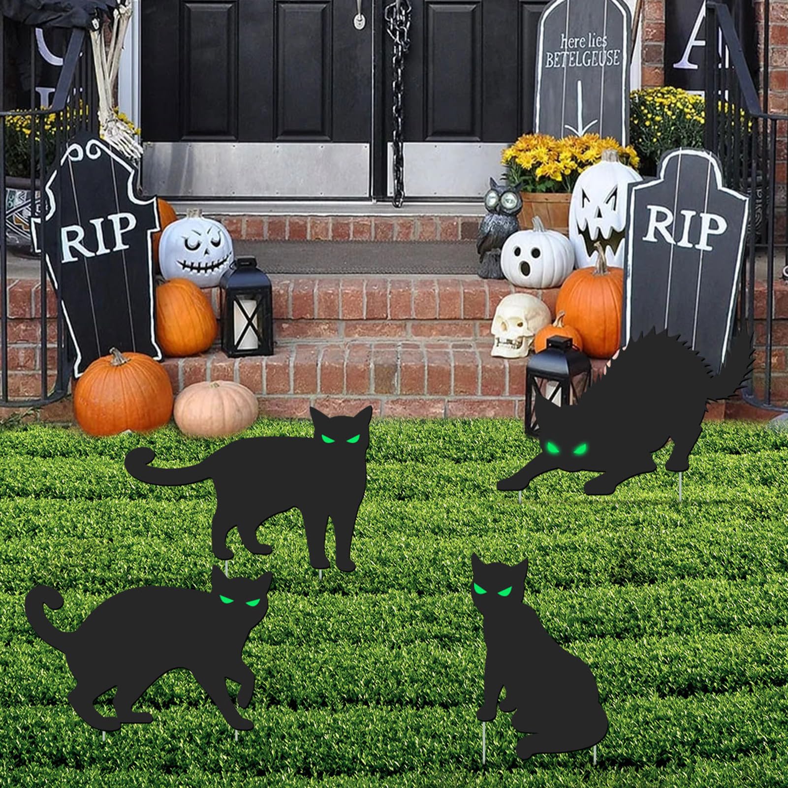 6 Pack Halloween Black Cat Yard Sign for Outdoor Decorations with Stakes Glow in the Dark Eyes, Waterproof Cat Silhouette Lawn Decorations for Garden Yard Patio Halloween Decor