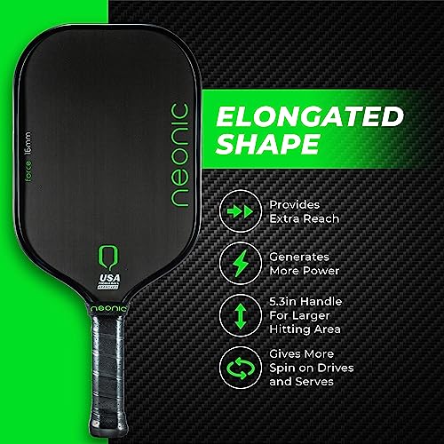 Neonic Force 16mm Carbon Fiber Pickleball Paddle, Thermoformed Elongated Professional Paddle with Foam Injection Unibody