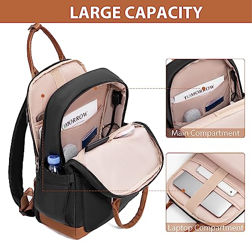 LONG VACATION Women's 15.6 Inch Laptop Bag, Fashion Laptop Backpack with USB Port, Casual Daypacks for Work (BLACK & BROWN, 15.6 inch)