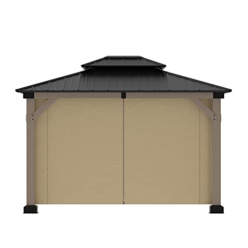 MONDAWE Cedar Wood 10x12Ft Hardtop Gazebo with Curtains, Rectangular Outdoor Permanent Gazebo Pergola with Galvanized Steel Double Roof Pavilion for Patio Lawn Garden