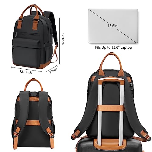LONG VACATION Women's 15.6 Inch Laptop Bag, Fashion Laptop Backpack with USB Port, Casual Daypacks for Work (BLACK & BROWN, 15.6 inch)