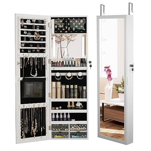 MASMIRE Jewelry Cabinet With Built-In Touch Light Mirror - 47.3" H Armoire With 4 Drawers, Wall/Over The Door Full Length Mirror With Storage - Off White