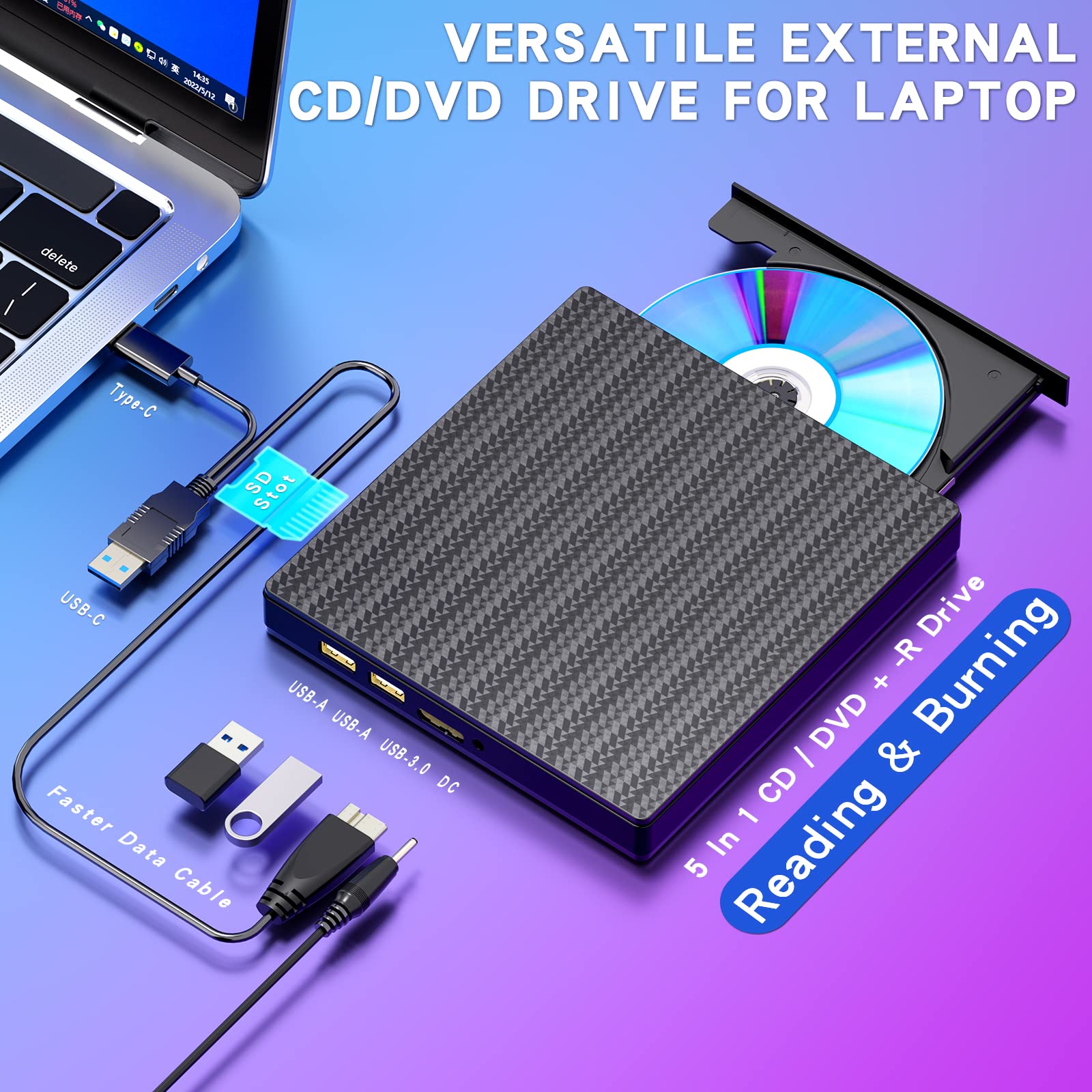 aelrsoch External CD/DVD Drive for Laptop DVD Driv with SD Card Slots Reader and 4 USB Ports, USB 3.0 Type-C CD/DVD Burner External Disk Drive Optical Compatible with Laptop Mac PC Windows 11/10/8/7