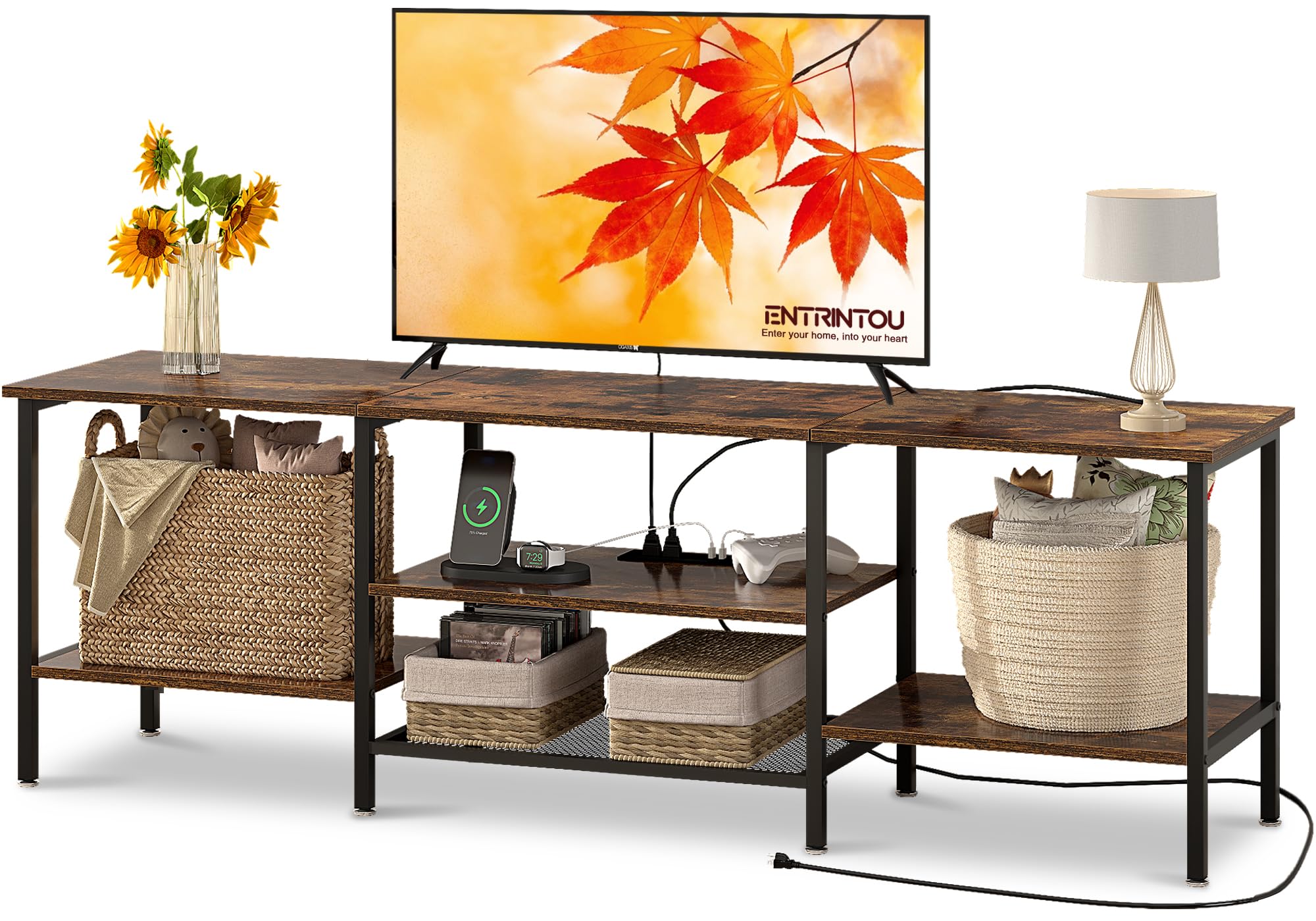 Entrintou TV Stand with Power Outlet for 55/65/70/75 inch TVs, TV Console Table with Open Storage Shelves, 3-Tier Industrial Entertainment Center, Wood TV Stand for Living Room, Bedroom, Brown Black