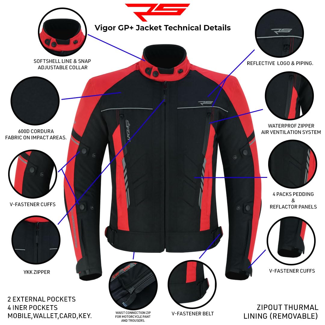 RS Motosports All Season Racing Motorbike Jacket for Men Water Proof & Breathable Motorcycle Jacket with Textile Fabric (US, Alpha, X-Large, Regular, Regular, Black/Black)