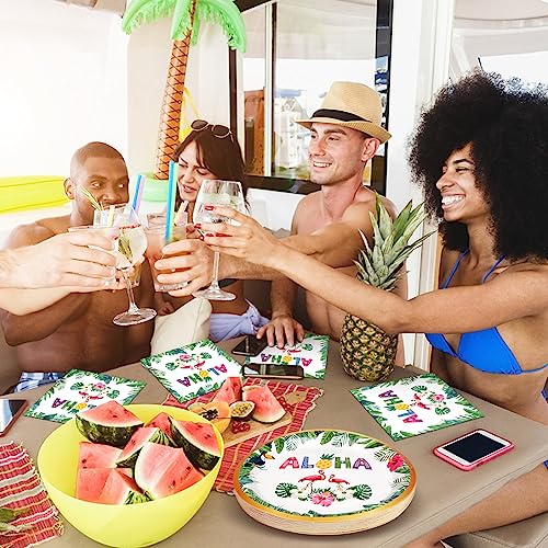 MEZOOM 75pcs ALOHA Tableware Set Tropical Luau Napkin Flamingo Paper Plate(7 & 9 In) Hawaiian Disposable Dinnerware Set with Hibiscus Flower & Palm Leaf for Summer Beach Themed Party Serves 25 Guests