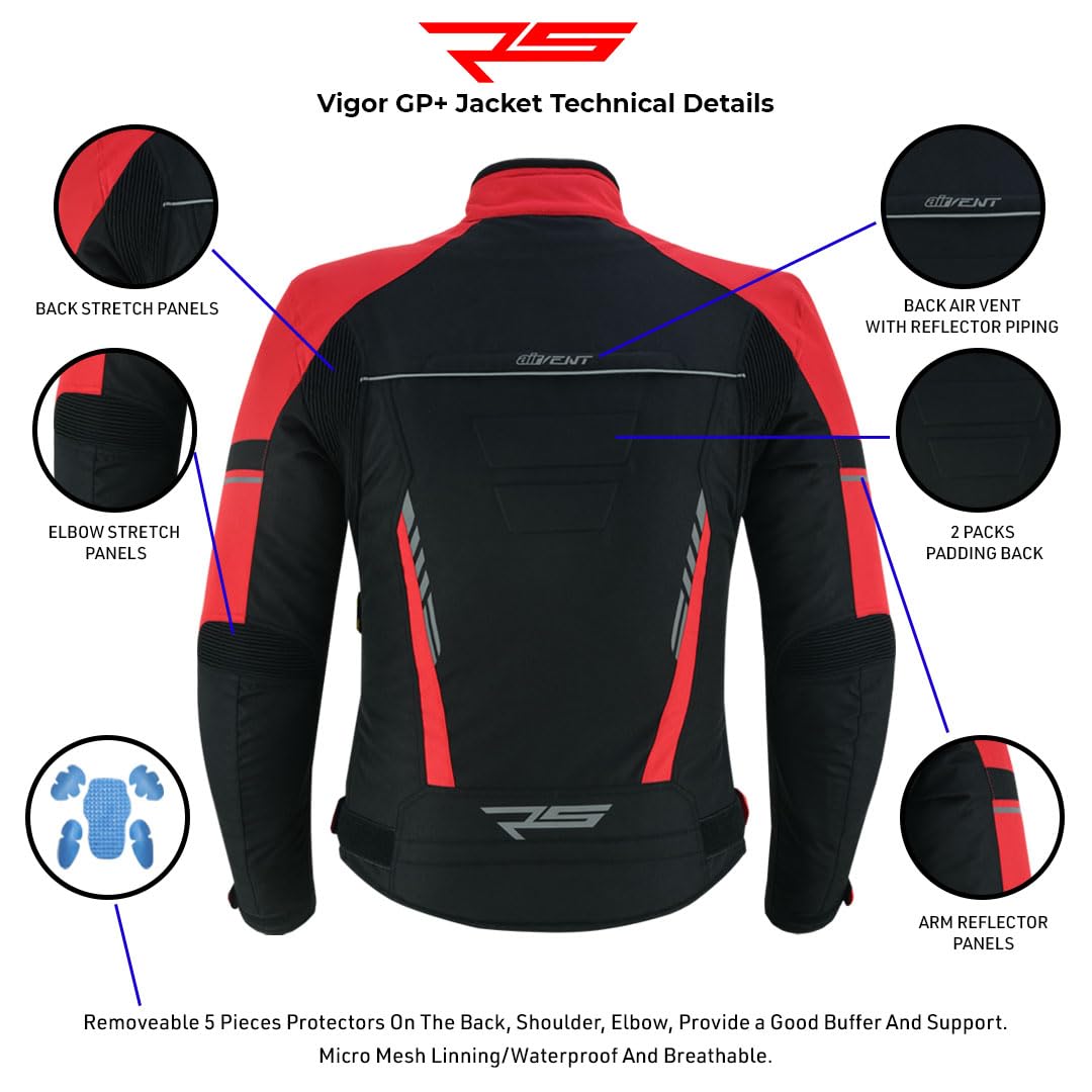 RS Motosports All Season Racing Motorbike Jacket for Men Water Proof & Breathable Motorcycle Jacket with Textile Fabric (US, Alpha, X-Large, Regular, Regular, Black/Black)