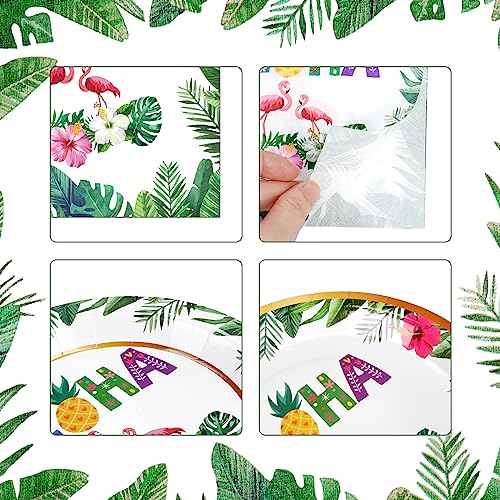 MEZOOM 75pcs ALOHA Tableware Set Tropical Luau Napkin Flamingo Paper Plate(7 & 9 In) Hawaiian Disposable Dinnerware Set with Hibiscus Flower & Palm Leaf for Summer Beach Themed Party Serves 25 Guests