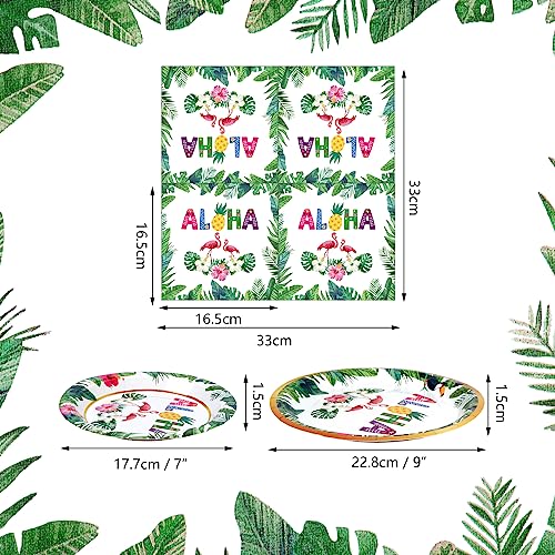 MEZOOM 75pcs ALOHA Tableware Set Tropical Luau Napkin Flamingo Paper Plate(7 & 9 In) Hawaiian Disposable Dinnerware Set with Hibiscus Flower & Palm Leaf for Summer Beach Themed Party Serves 25 Guests