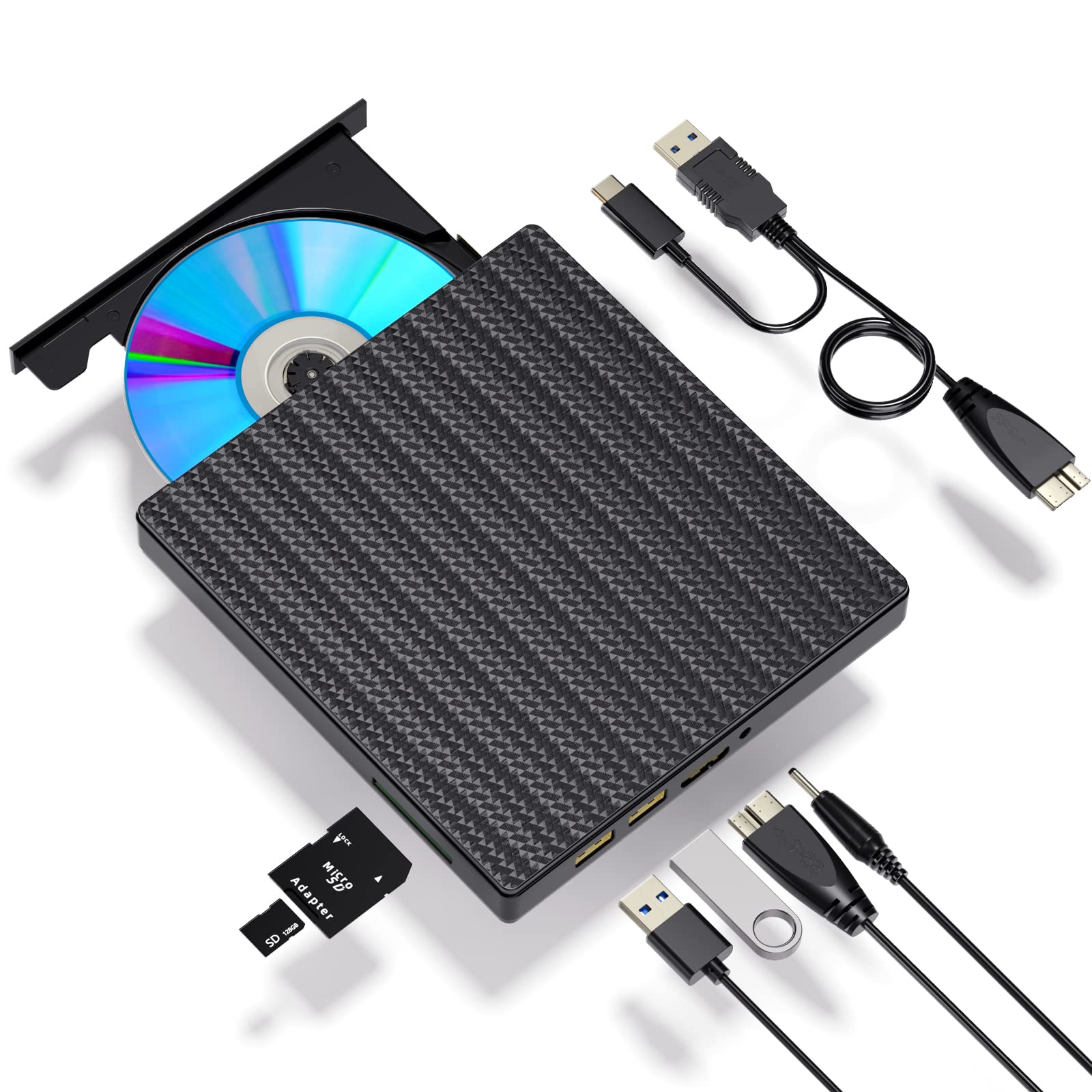 aelrsoch External CD/DVD Drive for Laptop DVD Driv with SD Card Slots Reader and 4 USB Ports, USB 3.0 Type-C CD/DVD Burner External Disk Drive Optical Compatible with Laptop Mac PC Windows 11/10/8/7