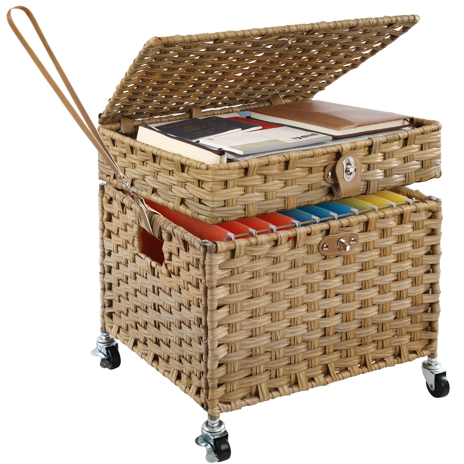 ETRONIK Rolling File Cabinet, Updated 2 Layer File Cabinets for Home Office, Hand Woven File Box with Wheels, File Organizer for Hanging Letter Size Folder, Home Decorative Document Basket, Flaxen