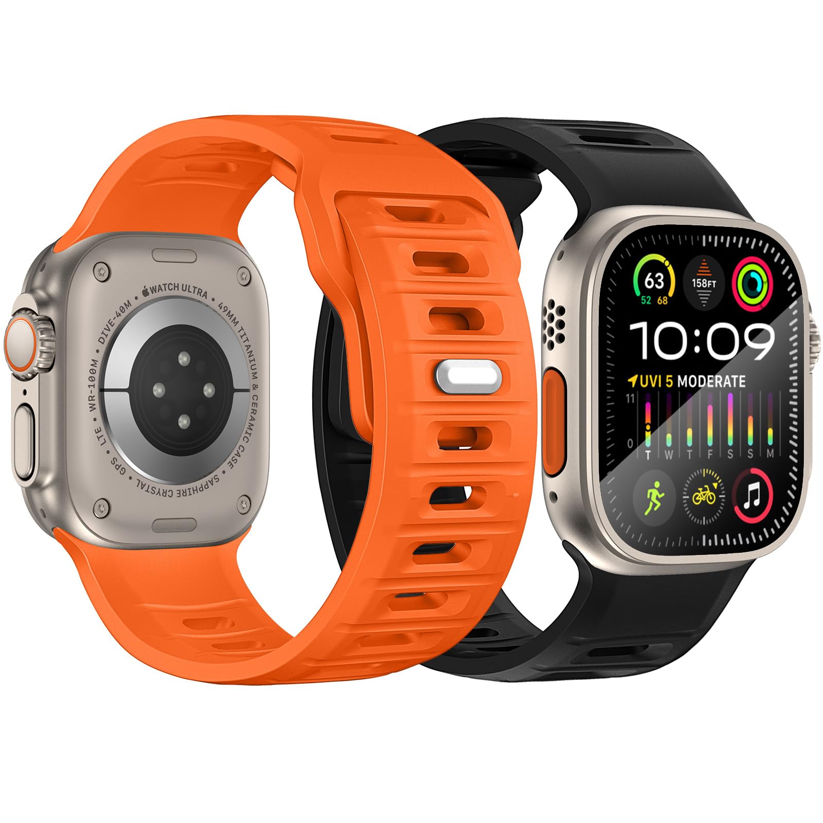 Wingle Sport Bands for Apple Watch Ultra 2 Band 49mm 45mm 44mm 42mm Series 9 8 7 for Men, Soft Silicone Rubber Watch Bands Waterproof Strap for iWatch Ultra/Ultra 2 SE Series 6 5 4 3 2 1, Black/Orange