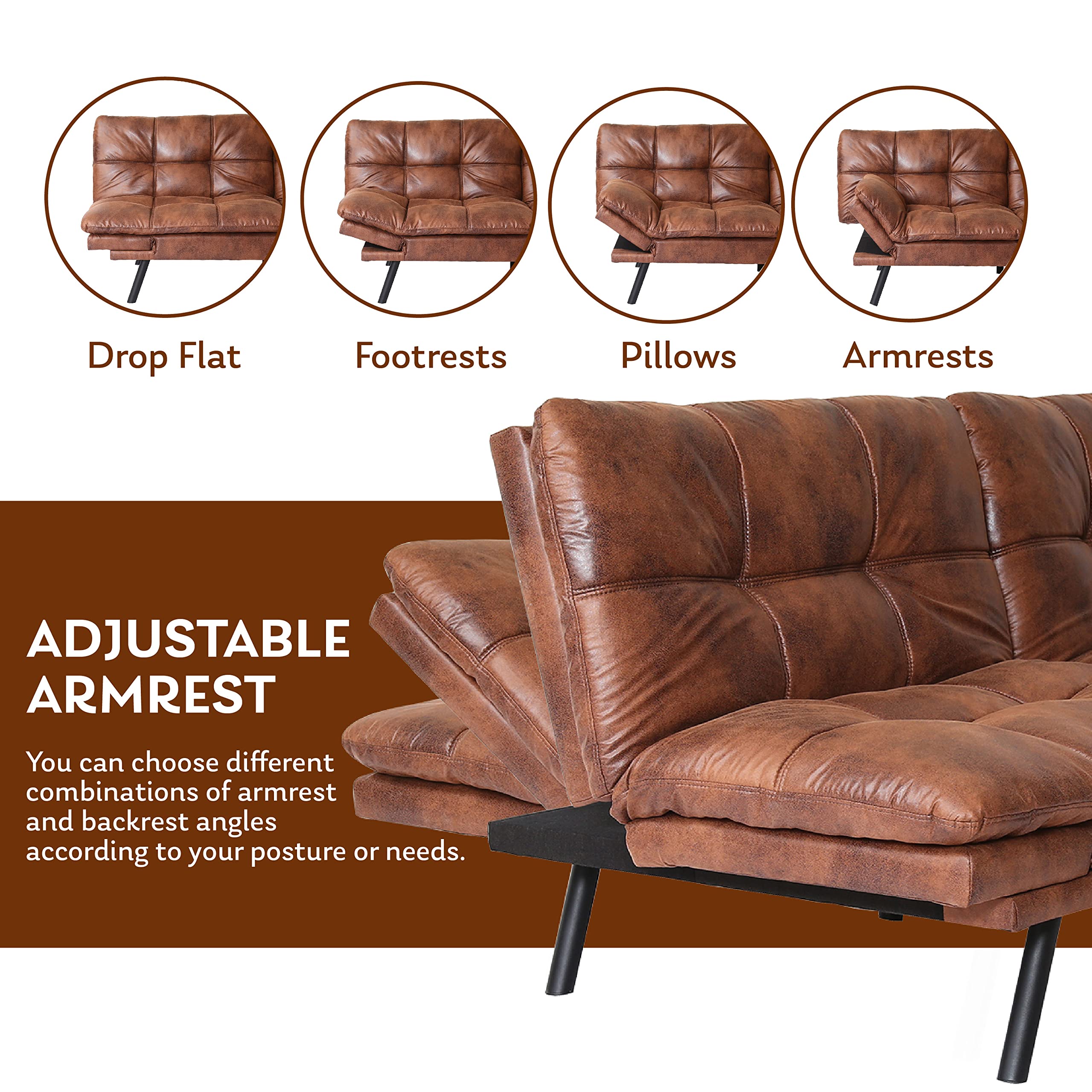 CH CHARME HOUSE Bed Convertible futon Couch with Adjustable Backrest, Modern Sleeper Sofa for Office Living Bedroom and Sitting Room, Brown