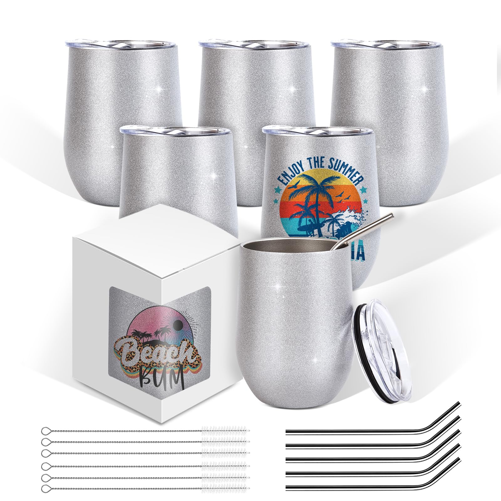 BetterSub 6 Pack Sublimation Glitter Silver Tumblers 12oz Double Wall Insulated Sublimation Blanks Tumblers, Stainless Steel Sublimation Cups with Lid, Metal Straw, Brush, Display Box