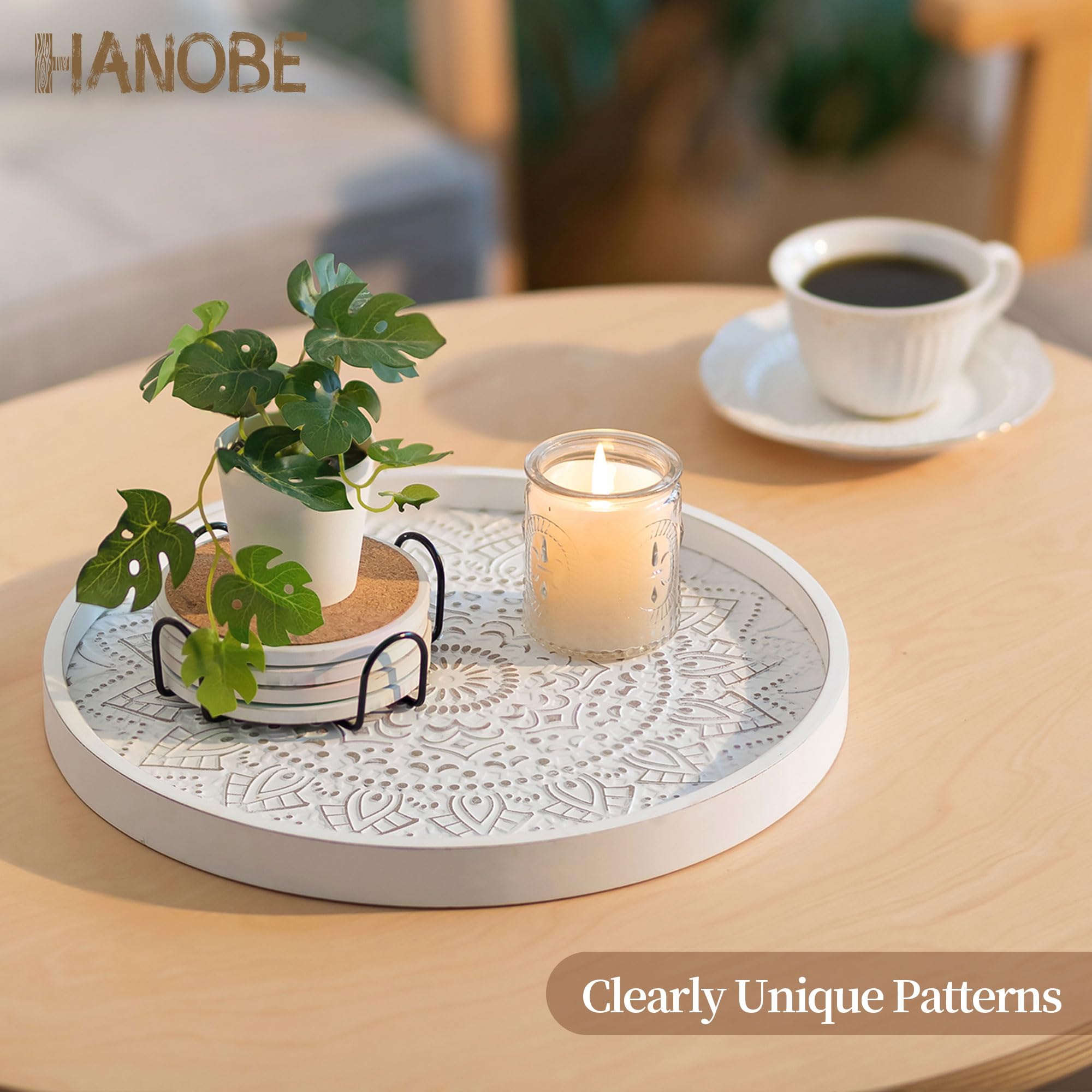 Hanobe Decorative Coffee Table Tray: Round Wood Trays for Boho Home Decor White Farmhouse Rustic Centerpiece for Living Dining Room Ottoman Kitchen Counter 12 Inch