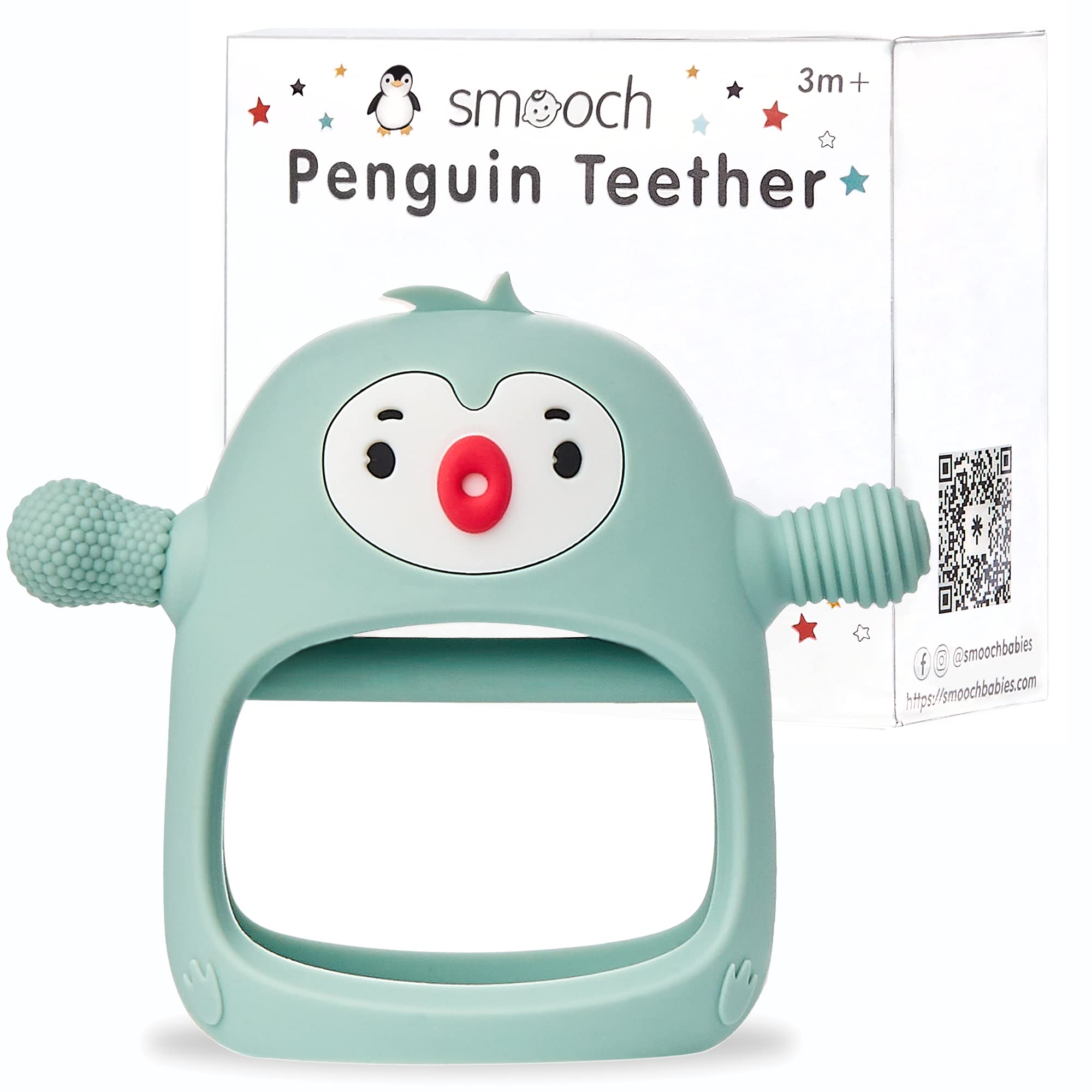 Smooch Penguin Mitten Teething Toys for Babies 0-6 Months, 12, 18 - Penguin Teethers for Babies are Easy to Hold, Silicone Baby Teether Toys - Provides Teething Pain Relief (Mint & Coral)