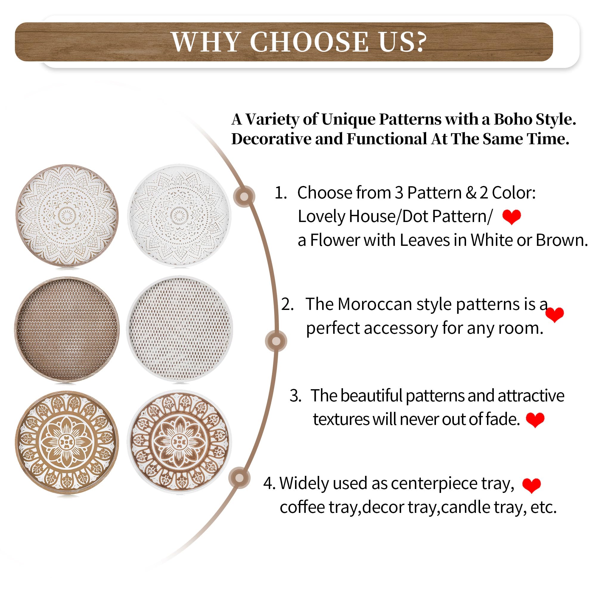 Hanobe Decorative Coffee Table Tray: Round Wood Trays for Boho Home Decor White Farmhouse Rustic Centerpiece for Living Dining Room Ottoman Kitchen Counter 12 Inch
