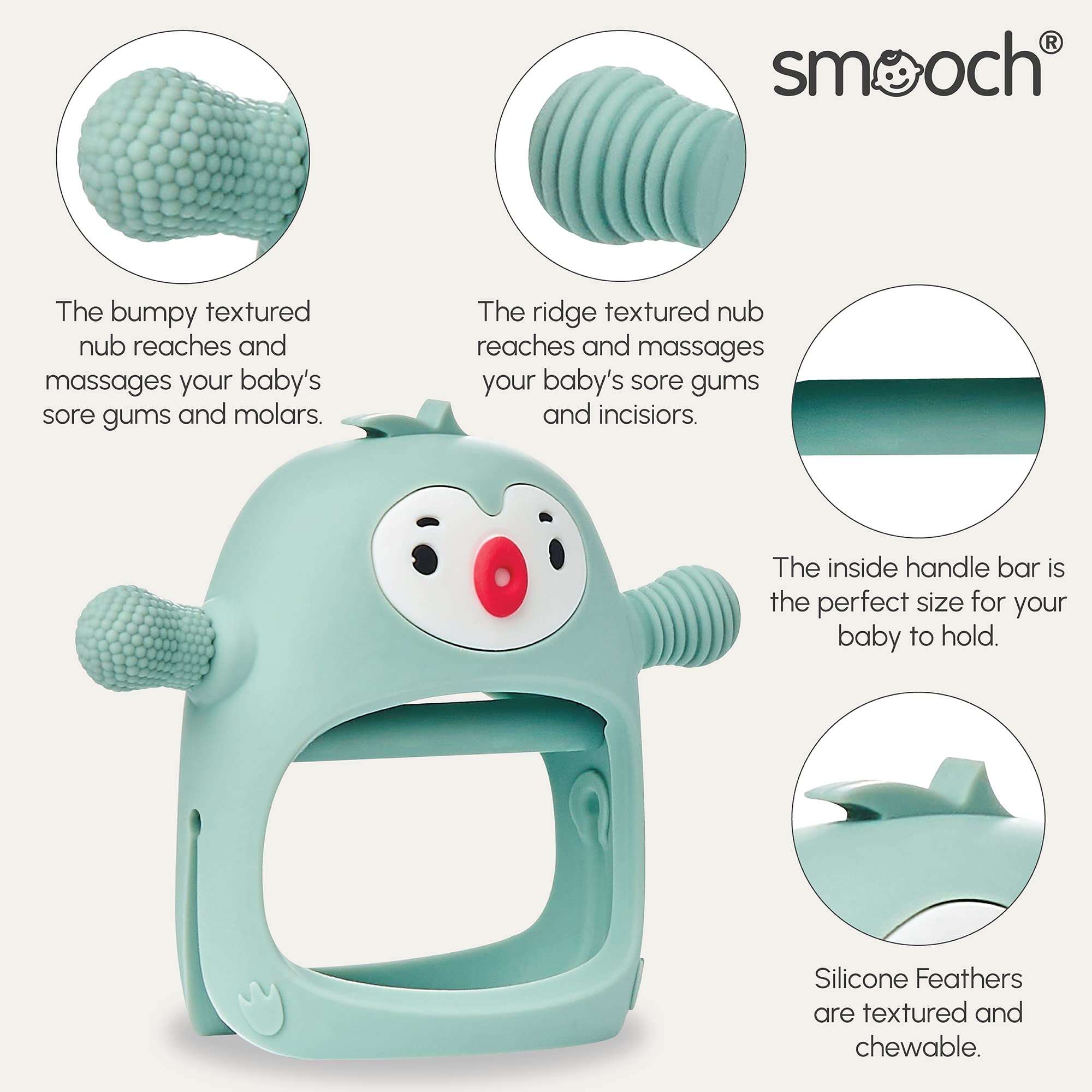 Smooch Penguin Mitten Teething Toys for Babies 0-6 Months, 12, 18 - Penguin Teethers for Babies are Easy to Hold, Silicone Baby Teether Toys - Provides Teething Pain Relief (Mint & Coral)