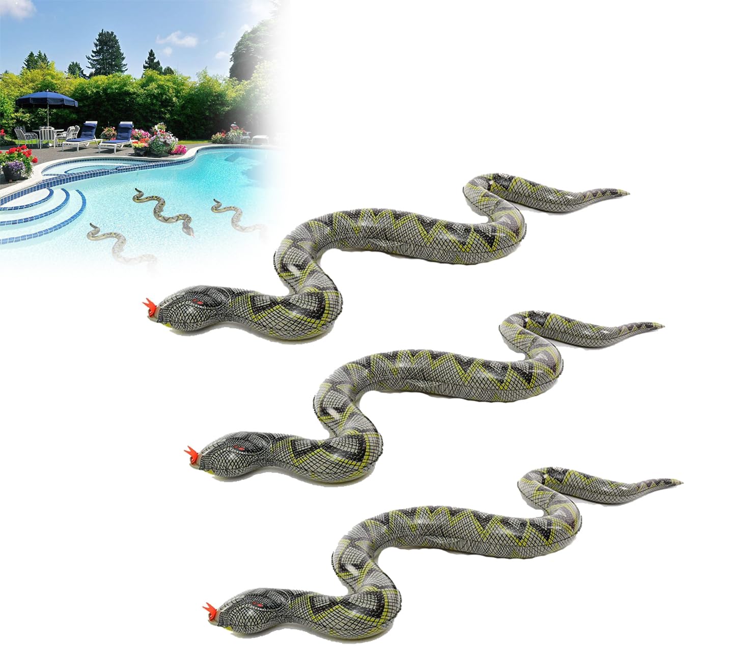 Large Inflatable Snake, Realistic Inflatable False Snake, False Snake Halloween Prank Props, Lifelike Inflatable Snake for Garden Pool Halloween and April Fool's Day Party Decoration (3PCS)